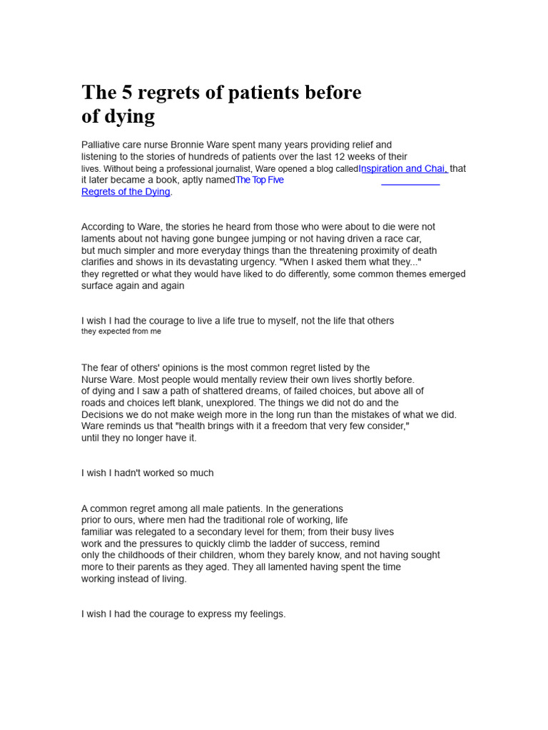 The 5 regrets of patients before dying | PDF