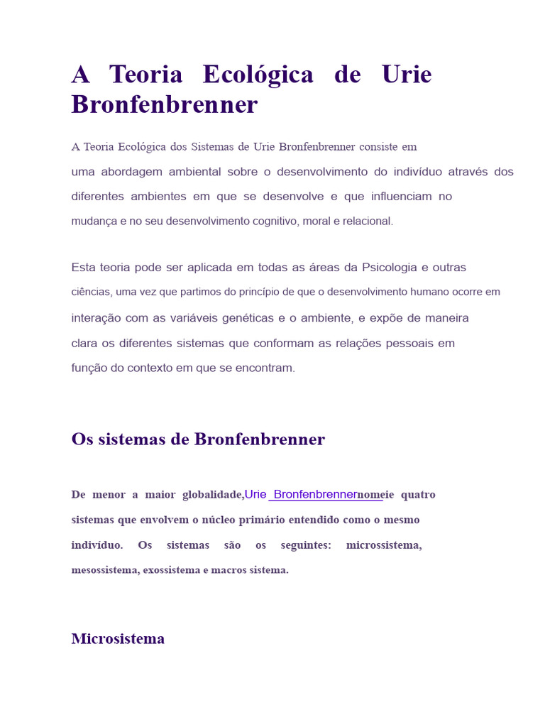 A Teoria Ecológica de Urie Bronfenbrenner | PDF | Ecologia | Sociedade