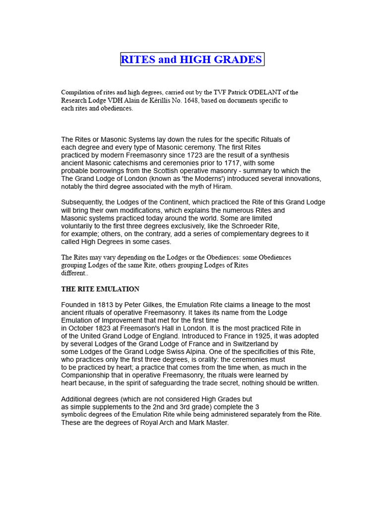 Rite and High Grades V8R | PDF | Freemasonry | Masonic Lodge