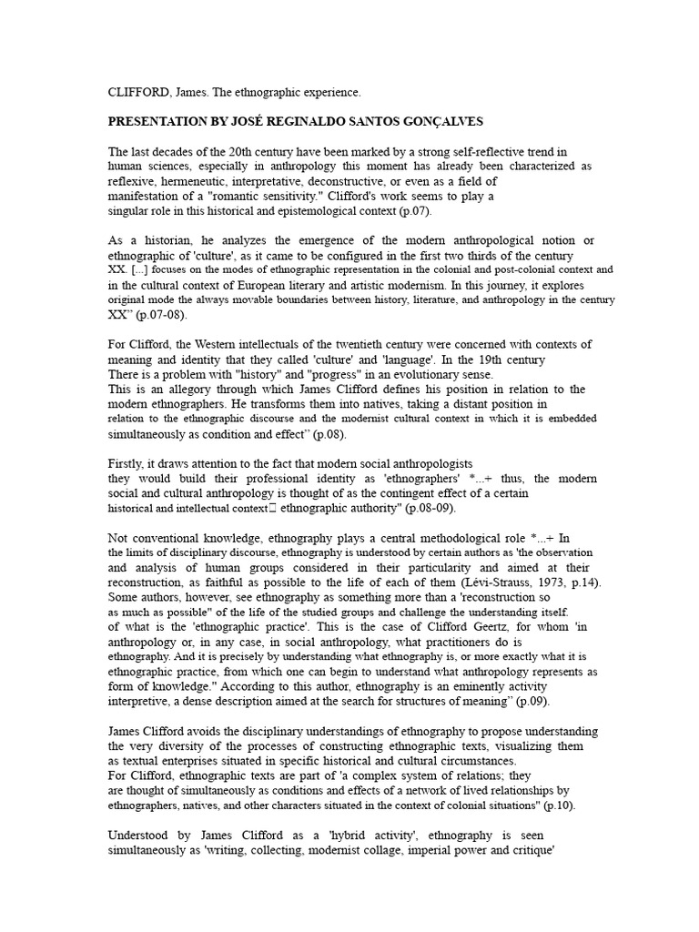Summary CLIFFORD, James. The Ethnographic Experience | PDF | Ethnography | Anthropology