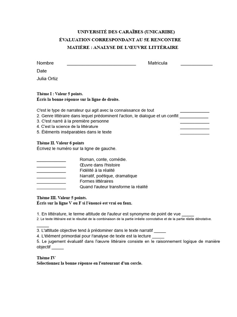 Évaluation d'Analyse Littéraire UNICARIBE | PDF | Sujet (Grammaire ...