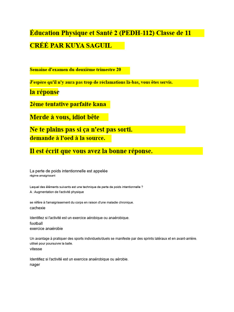 Examen d'Éducation Physique 11ème année | PDF | Tennis de table | Cerveau