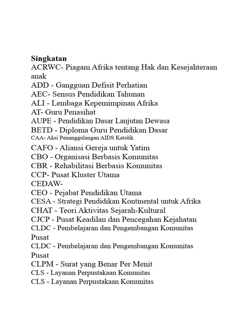 Daftar Singkatan Pendidikan dan Kesejahteraan | PDF