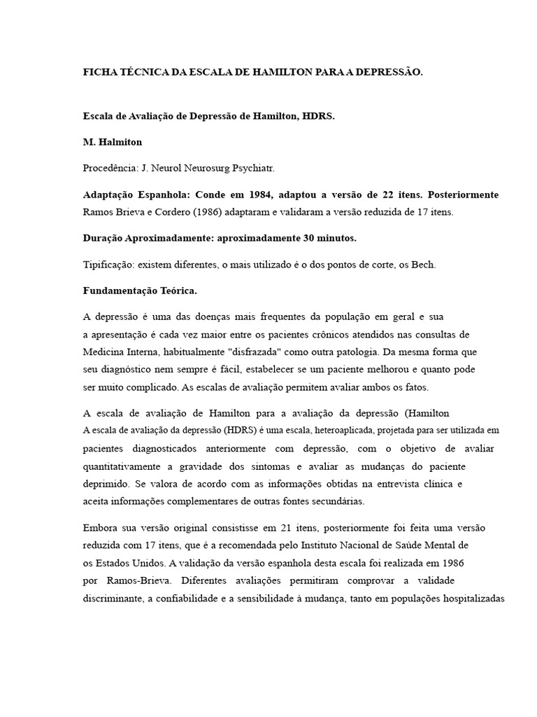 Escala de Hamilton para Depressão: Guia | PDF | Depressão | Psicologia