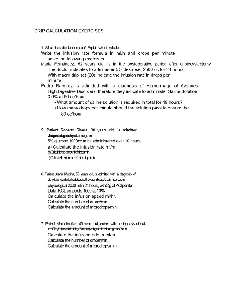 Drip Calculation Exercises | PDF | Intravenous Therapy | Clinical Medicine