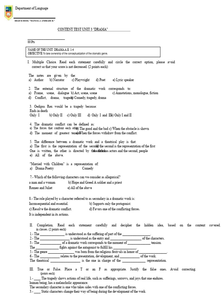 High School Drama Unit Test Guide | PDF