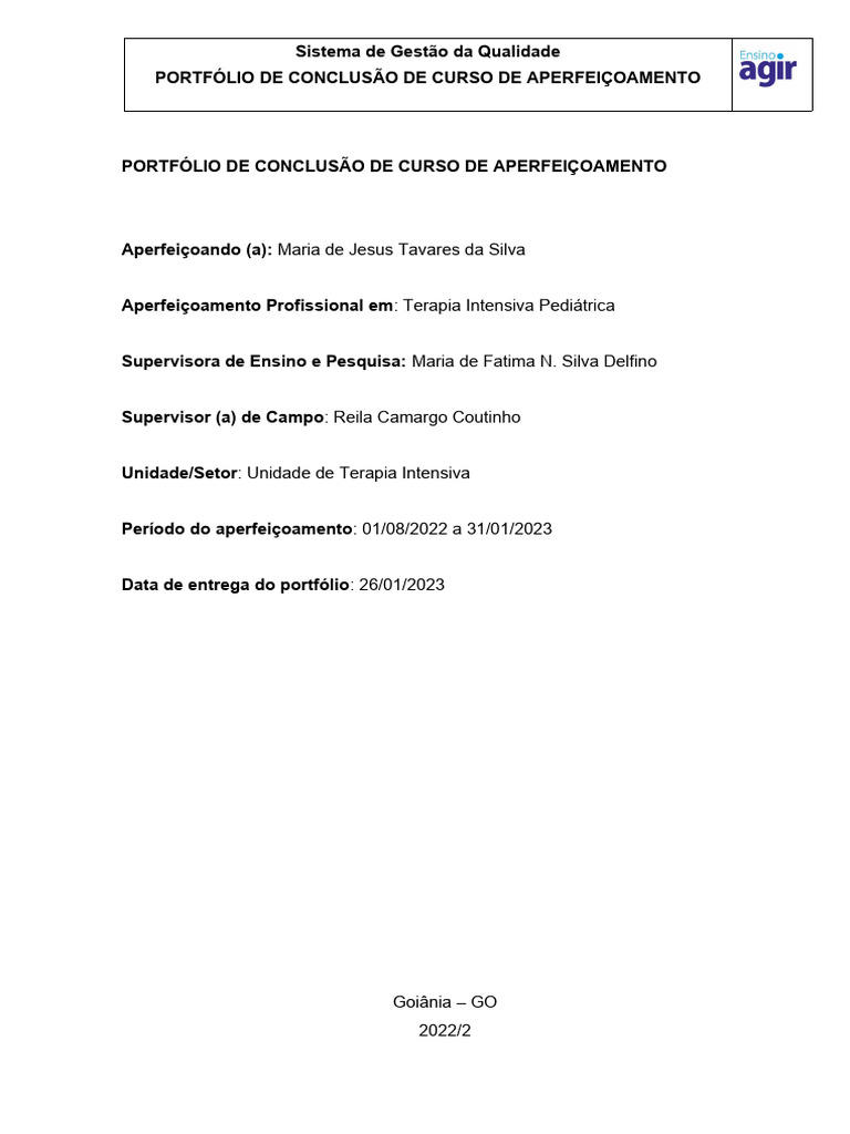 Portfólio de Aperfeiçoamento em UTI Pediátrica | PDF | Enfermagem ...