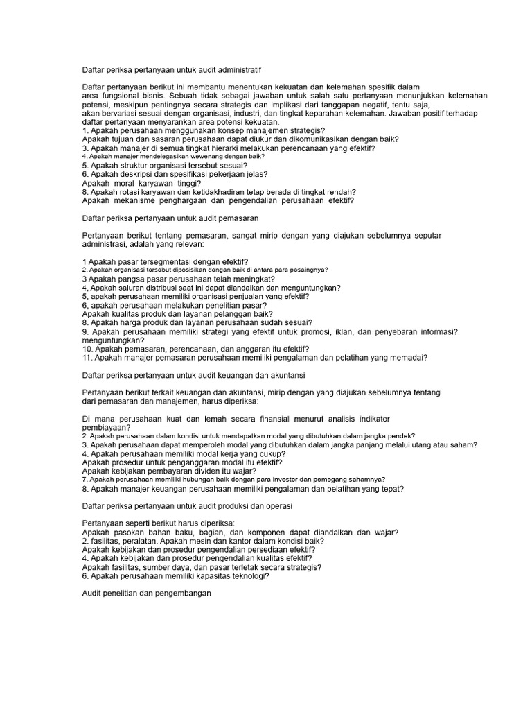 Daftar Periksa Pertanyaan Untuk Audit Internal | PDF