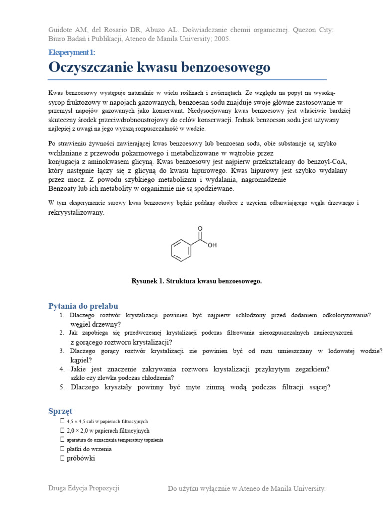 Eksperyment 1 Rekrystalizacja Kwasu Benzoesowego | PDF