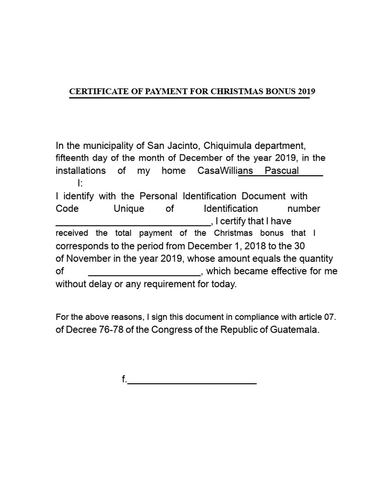 PAYMENT CERTIFICATE OF BONUS 2019.docx | PDF
