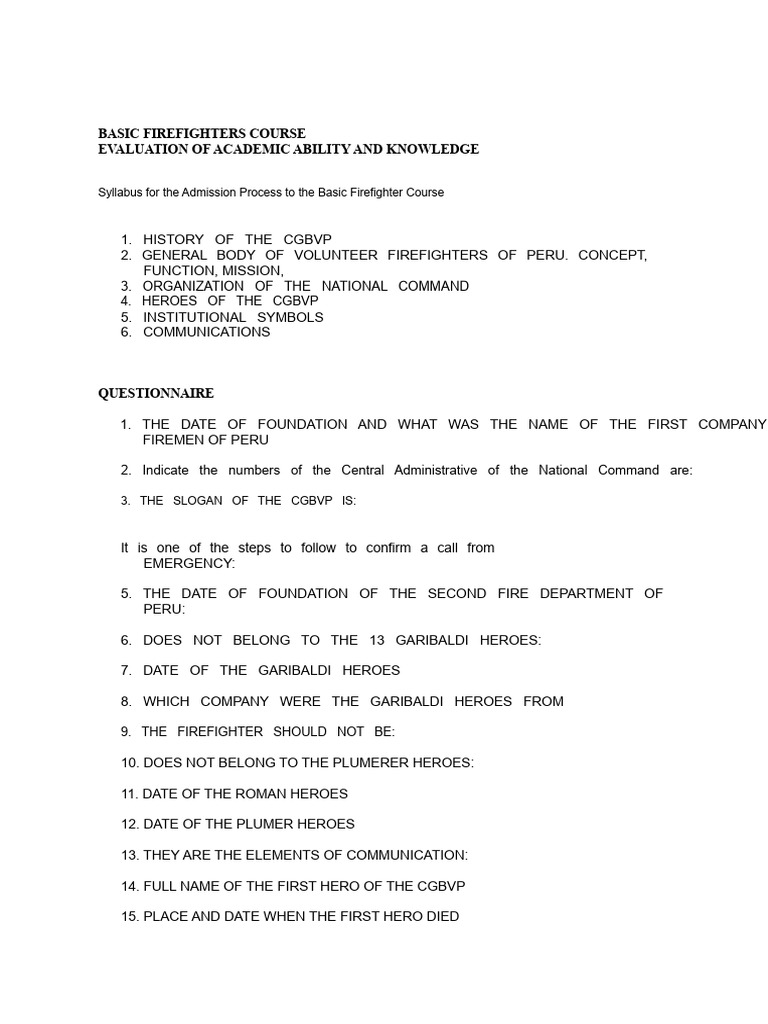 Basic Firefighters Course Syllabus | PDF | Firefighter | Fires