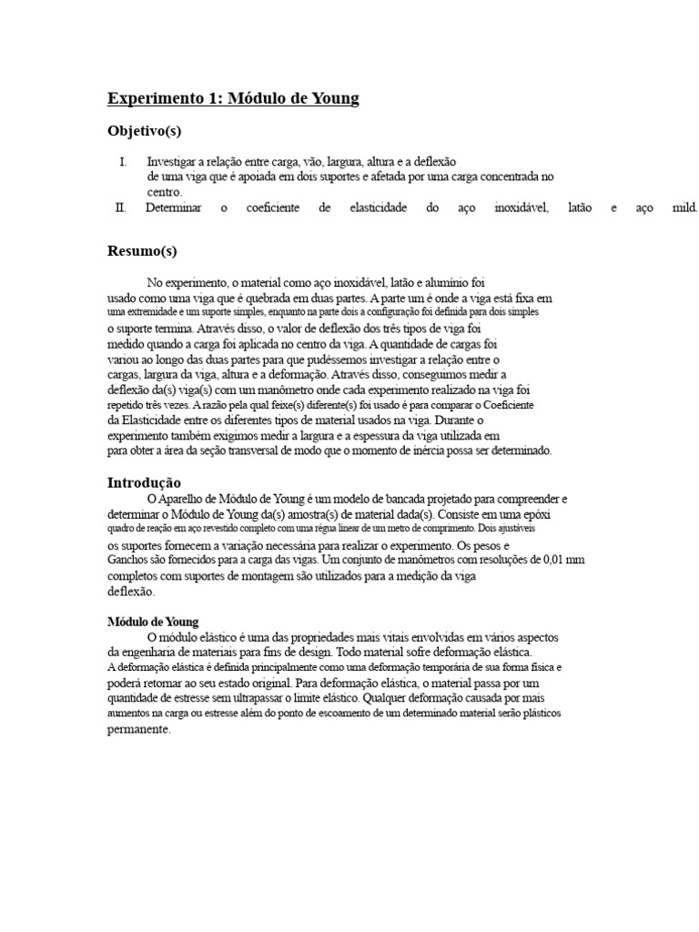 Experimento Módulo de Young: Deflexão e Materiais | PDF | Módulo de ...
