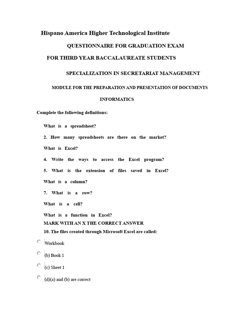 Excel Questionnaire Questions | PDF | Microsoft Excel | Spreadsheet