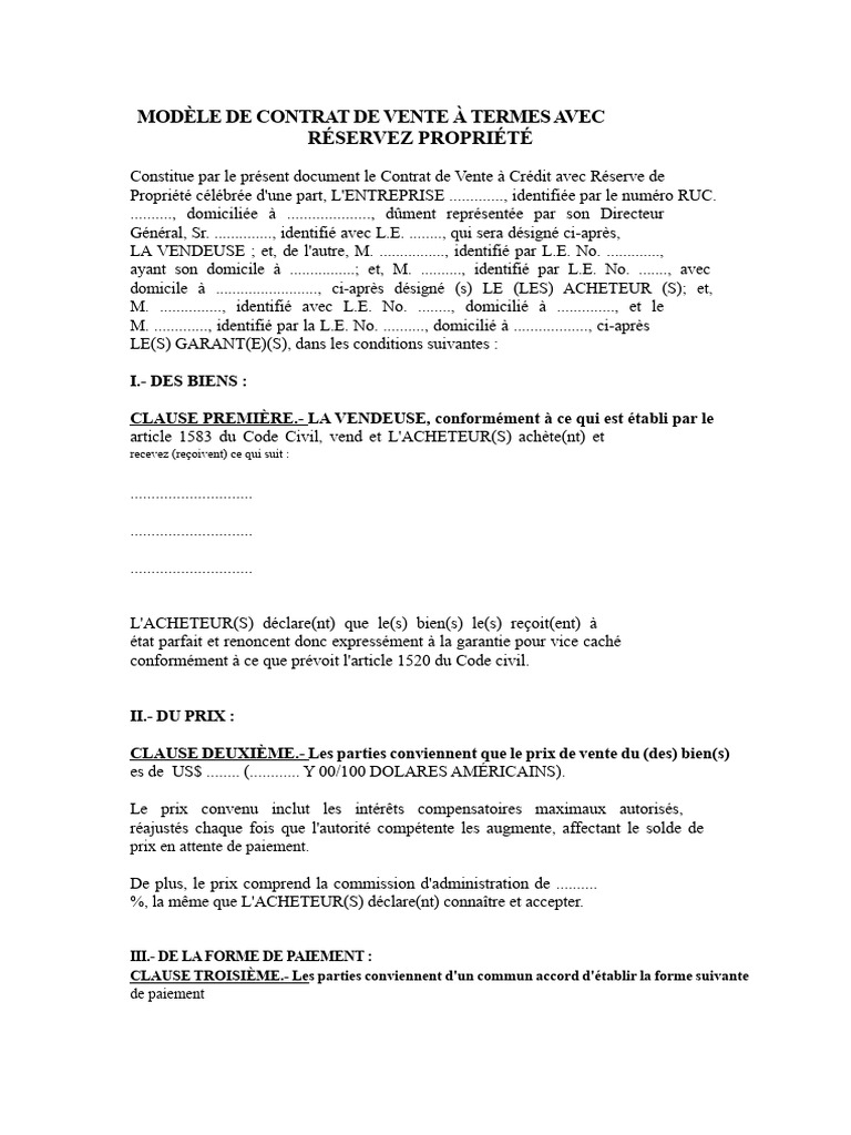 Modèle de Contrat de Vente À Crédit Avec Réserve de Propriété | PDF ...