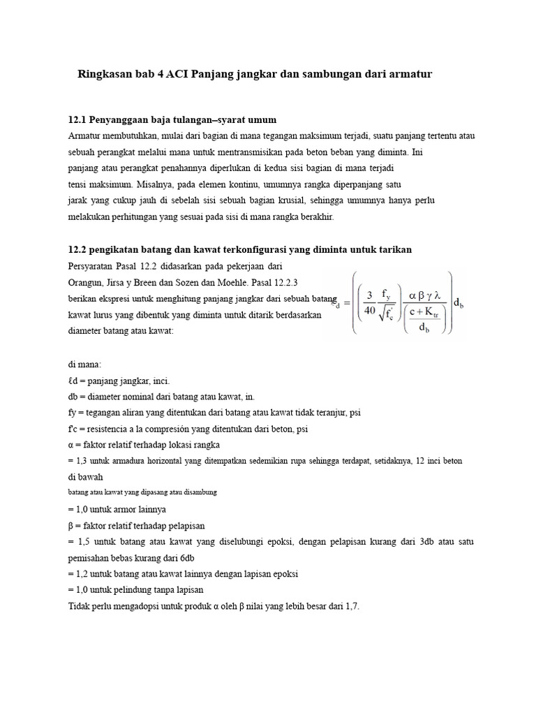Ringkasan Bab 4 ACI Panjang Jangkar Dan Sambungan Tulangan | PDF