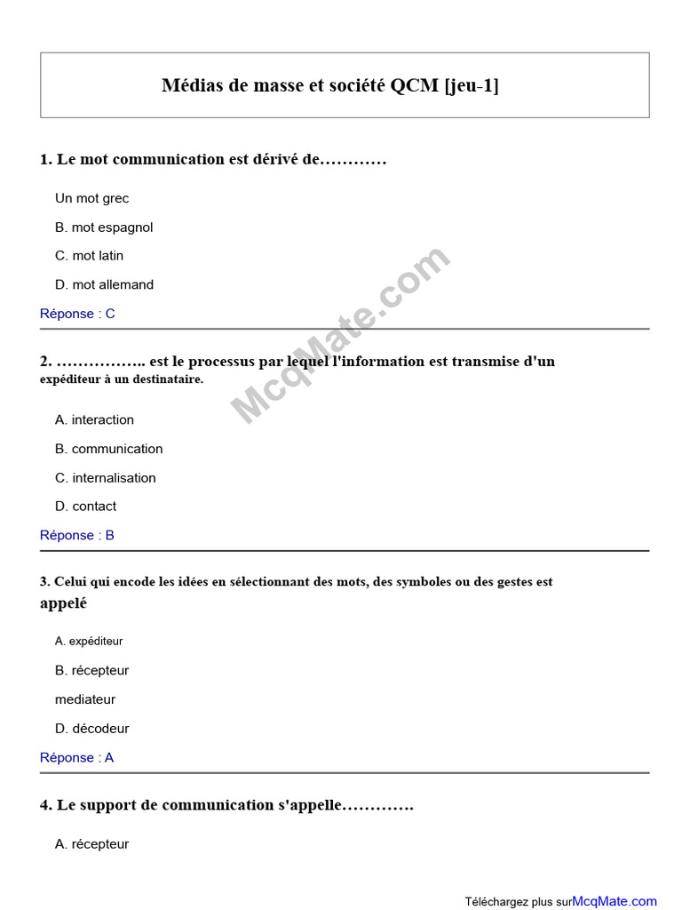 QCM sur Médias de Masse et Communication | PDF | Réseautage social | la ...
