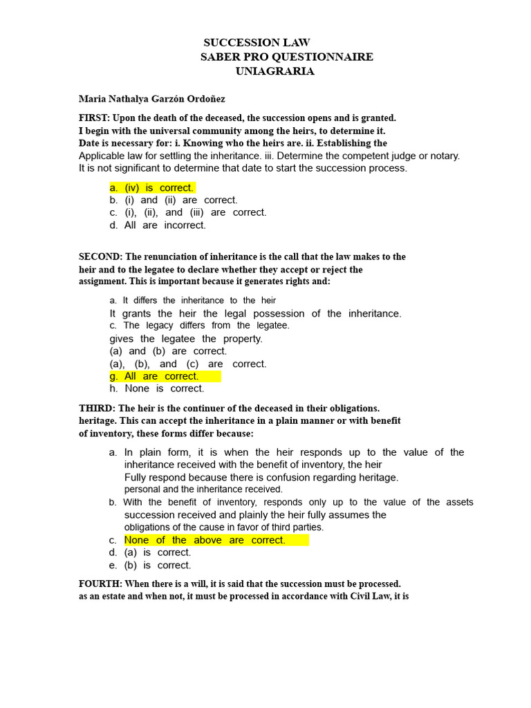 Questionnaire D. Successions Knowledge Pro. | PDF | Inheritance | Will ...