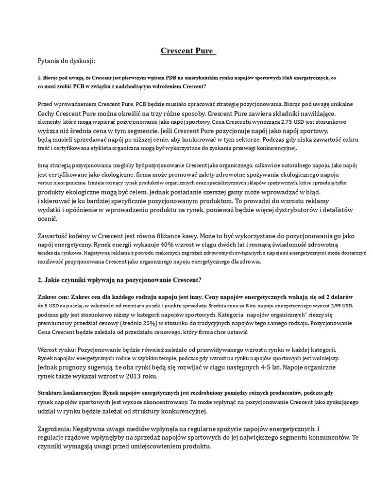 Rozwiązanie Studium Przypadku Crescent Pure | PDF