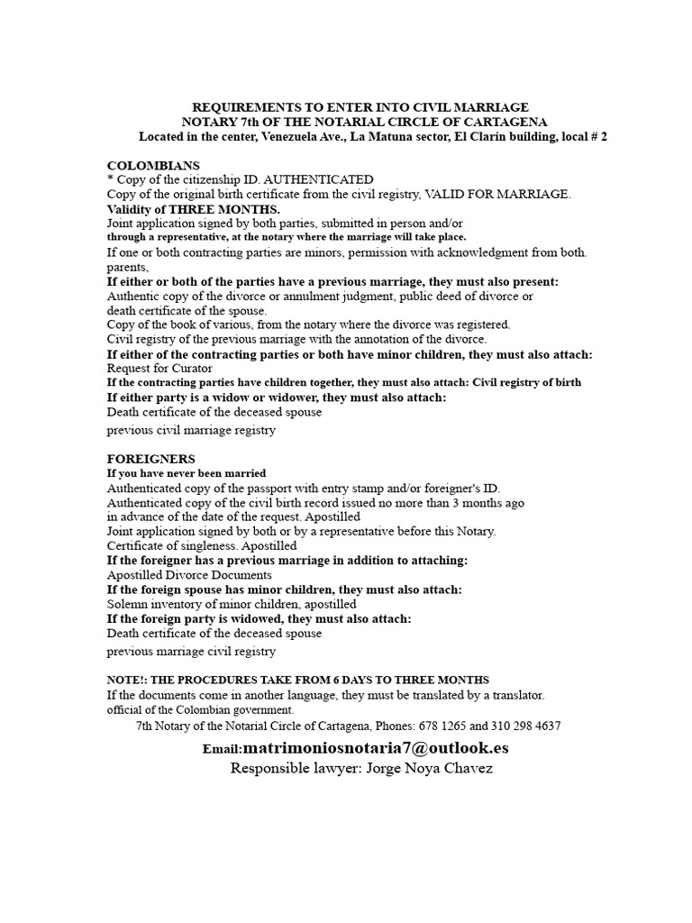 Civil Marriage Requirements in Cartagena | PDF