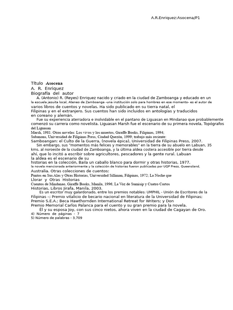 Asocena, cuento corto, inglés | PDF