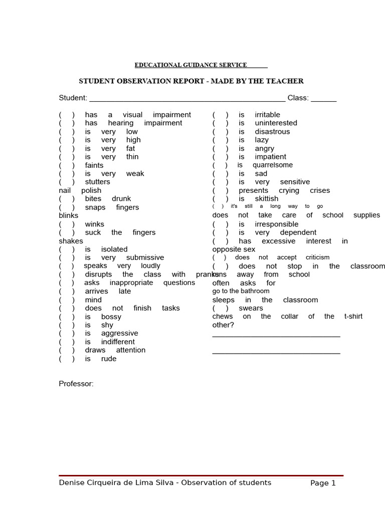Student Observation Report Template | PDF