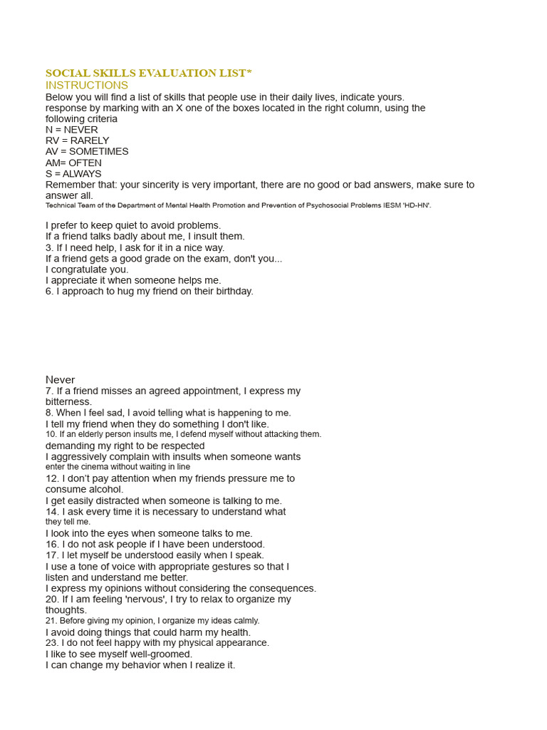 SOCIAL SKILLS ASSESSMENT LIST | PDF | Anger | Thought