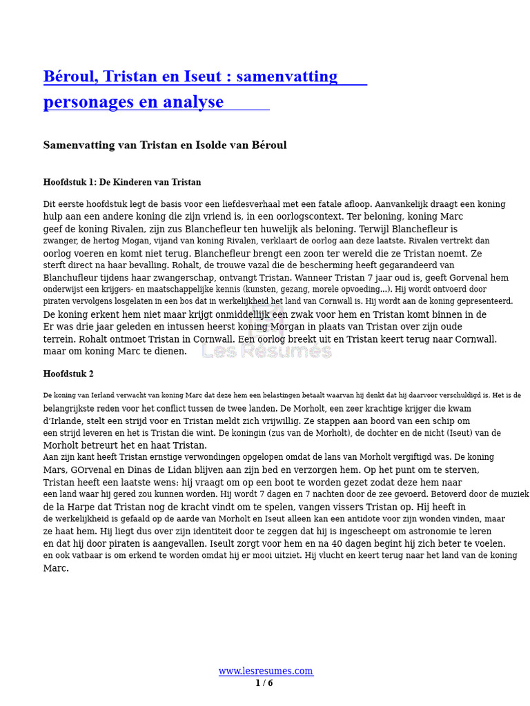 Beroul Tristan en Iseut Samenvatting Personages en Analyse | PDF