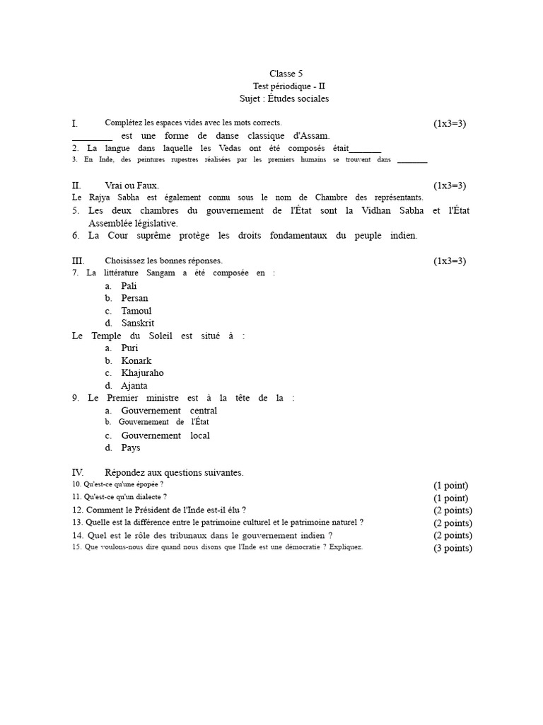 Test d'études sociales - Classe 5 | PDF