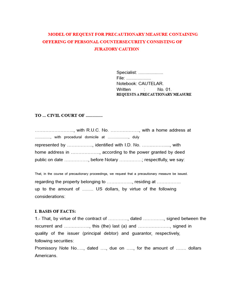 Model of Request For Precautionary Measure Containing Offer of Personal ...