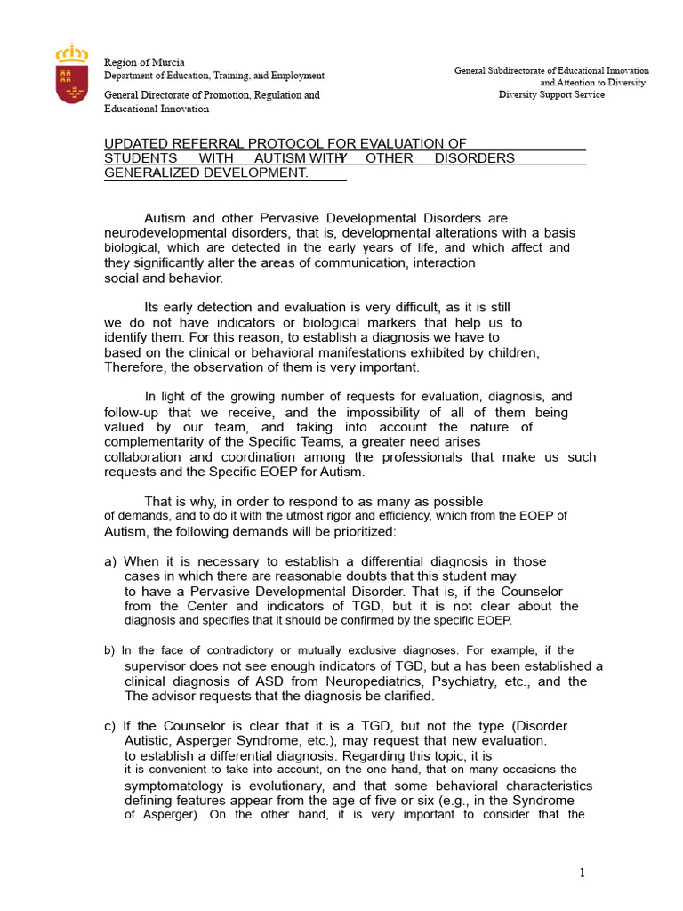 Referral Protocol For The Evaluation of Autism and Other PDDs - Region ...