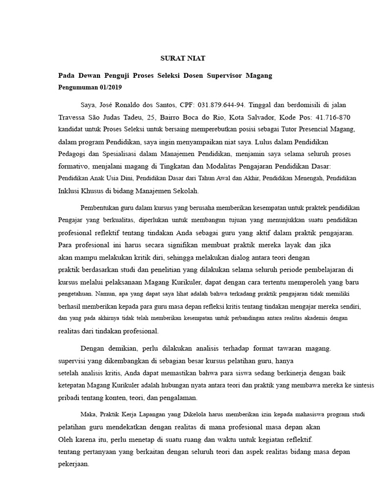 Surat Niat untuk Dosen Supervisor Magang | PDF
