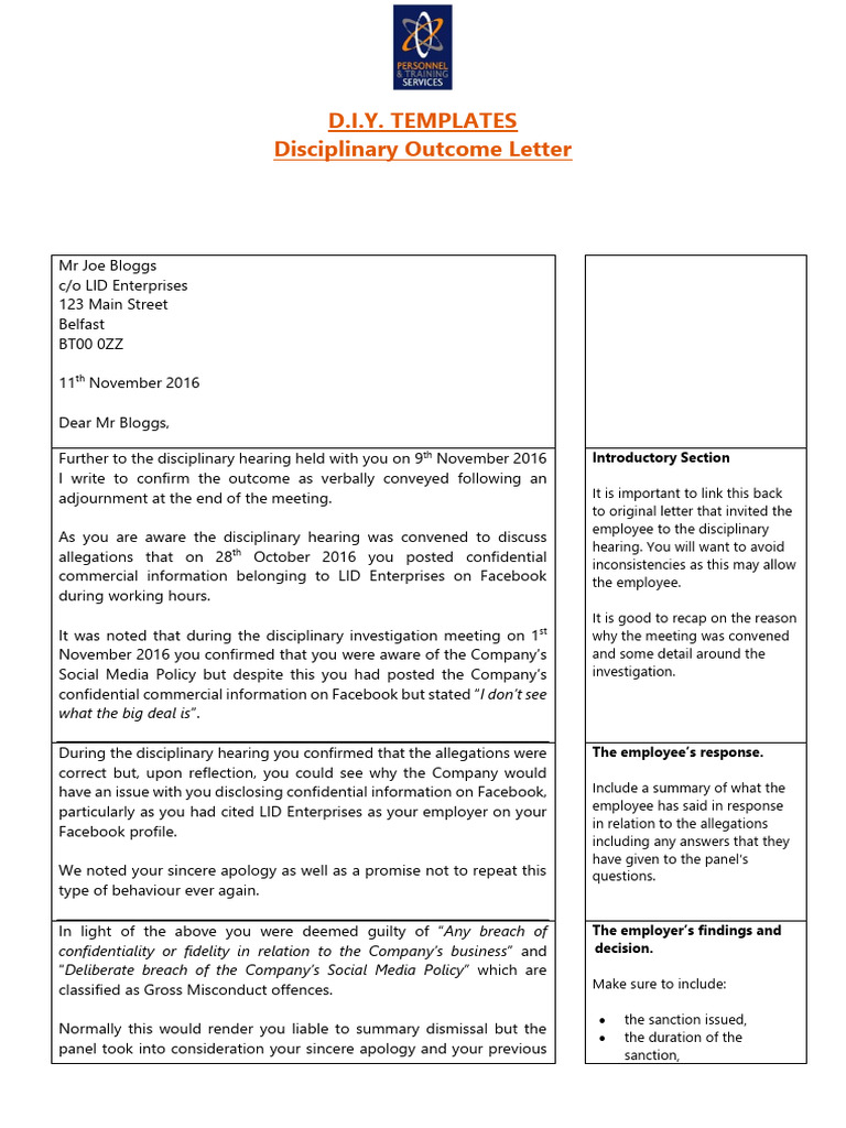 Disciplinary Outcome Letter Template | PDF | Justice | Crime & Violence