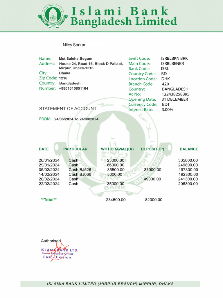 Islami Bank Statement Niloy | PDF