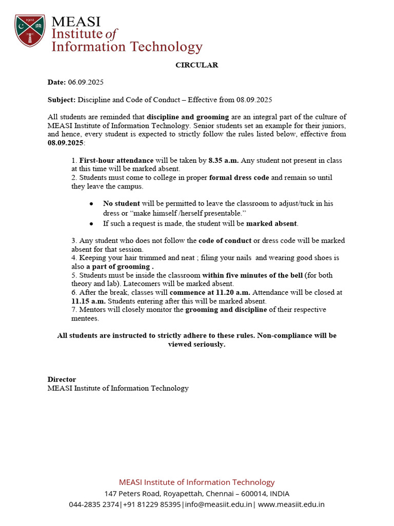 MEASI IT Discipline Code Circular 2025 | PDF