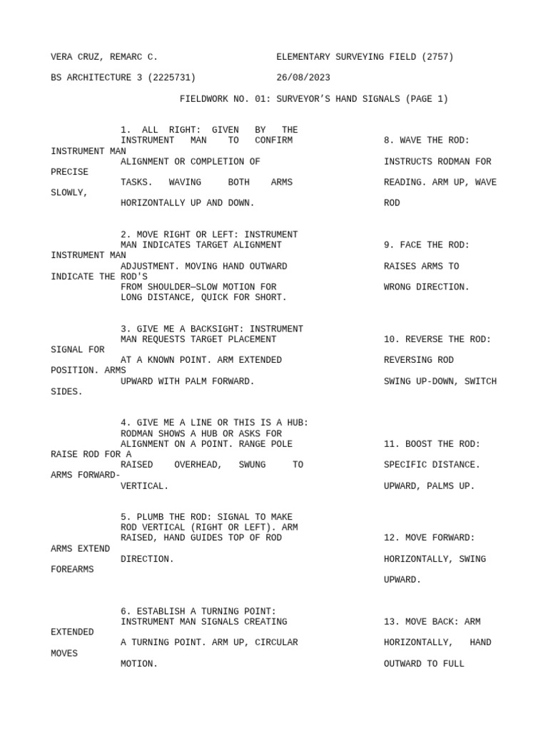 Fieldwork No 01 Surveyor S Hand Signals | PDF | Surveying