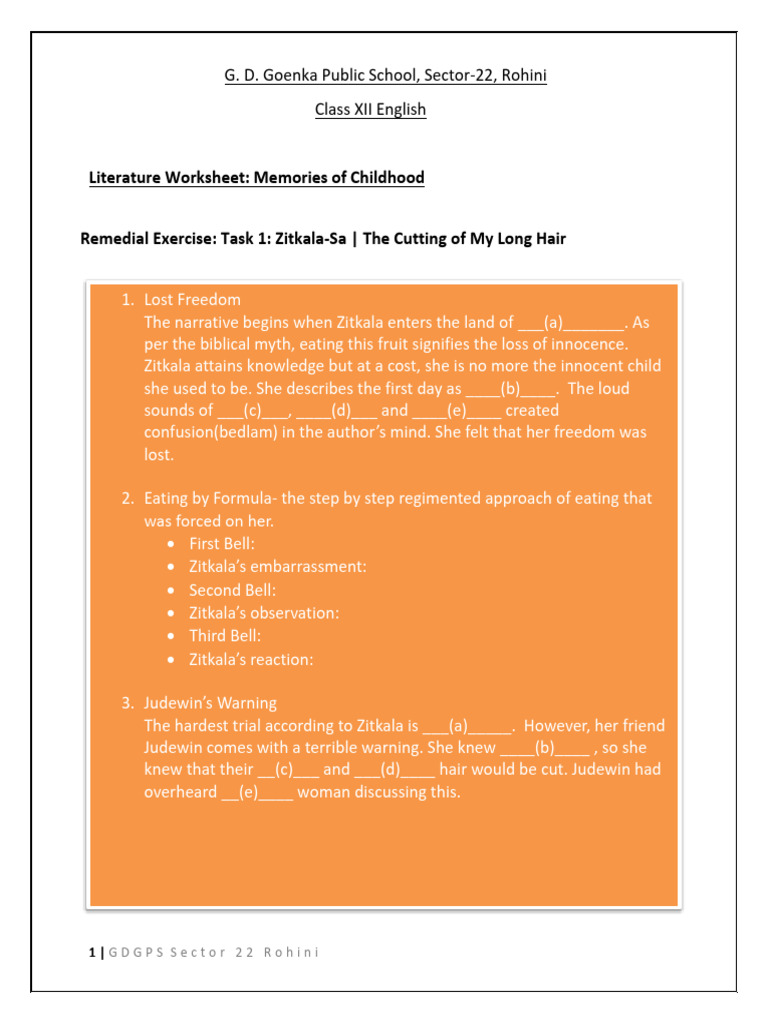 Memories of Childhood WORKSHEET | PDF