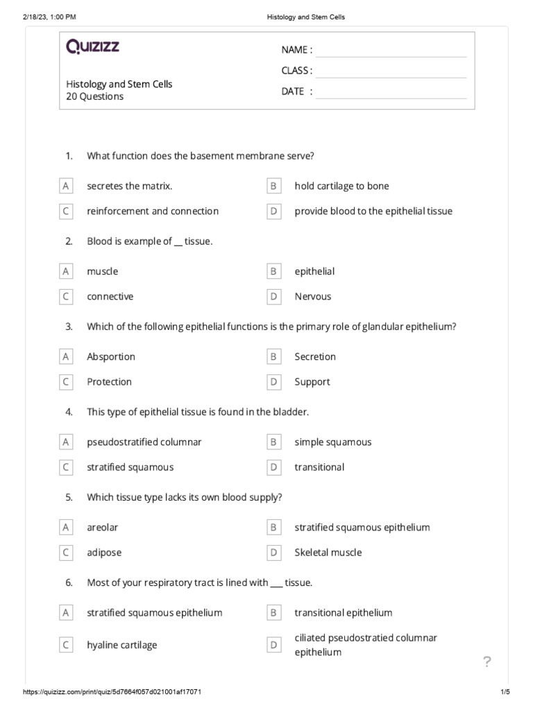 Histology Quiz: Stem Cells & Tissues | PDF | Epithelium | Tissue (Biology)
