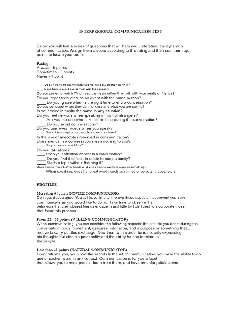 Interpersonal Communication Test Guide | PDF | Conversation | Communication