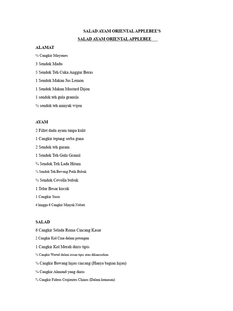Salad Ayam Oriental Applebee's | PDF