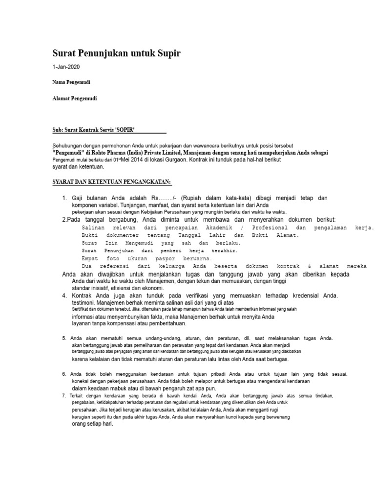 Surat Penunjukan Untuk Sopir | PDF