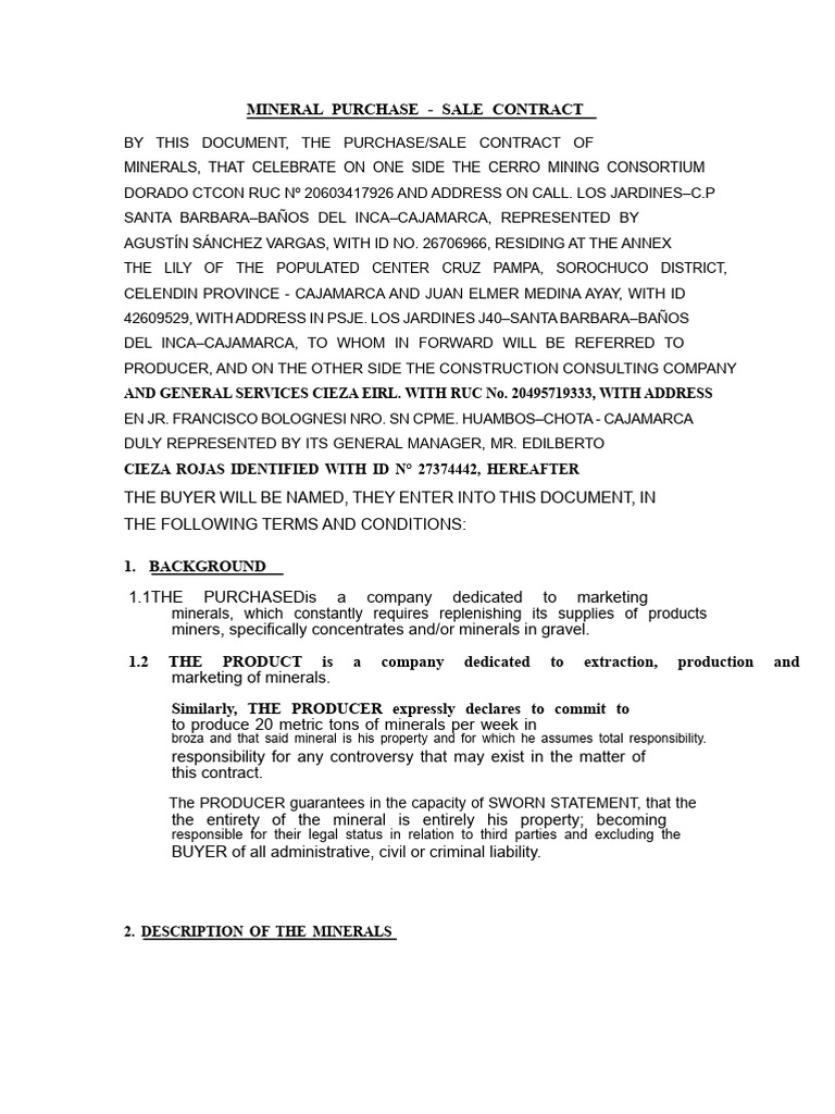 Mineral Purchase-Sale Contract Overview | PDF | Mining | Force