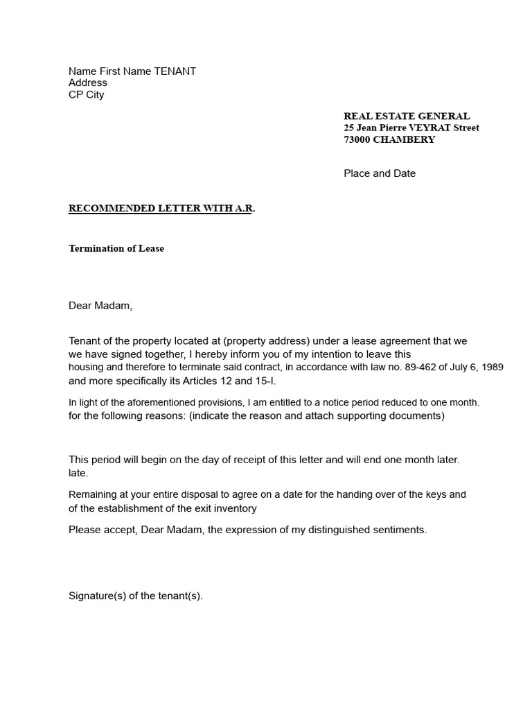 Termination Lease Notice 1 Month | PDF