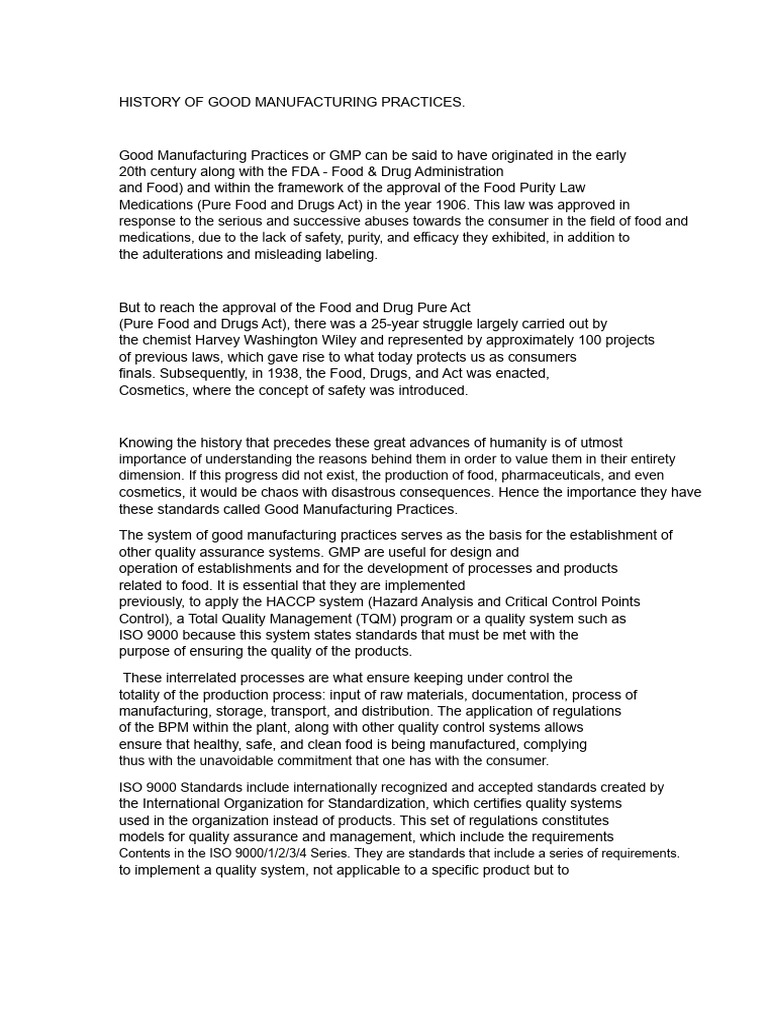 HISTORY OF GOOD MANUFACTURING PRACTICES | PDF | Quality Management ...