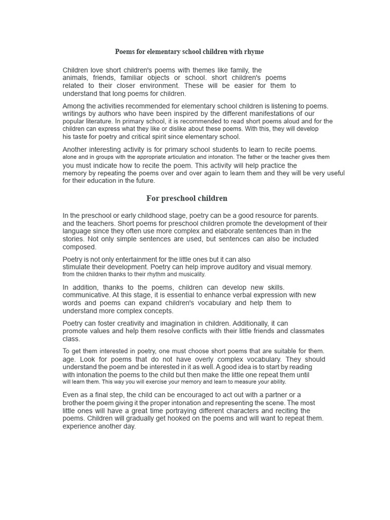 Poems For Elementary School Children With Rhyme | PDF | Poetry | Preschool