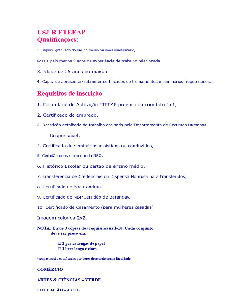 Cópia Das Qualificações e Requisitos Do USJR ETEEAP | PDF