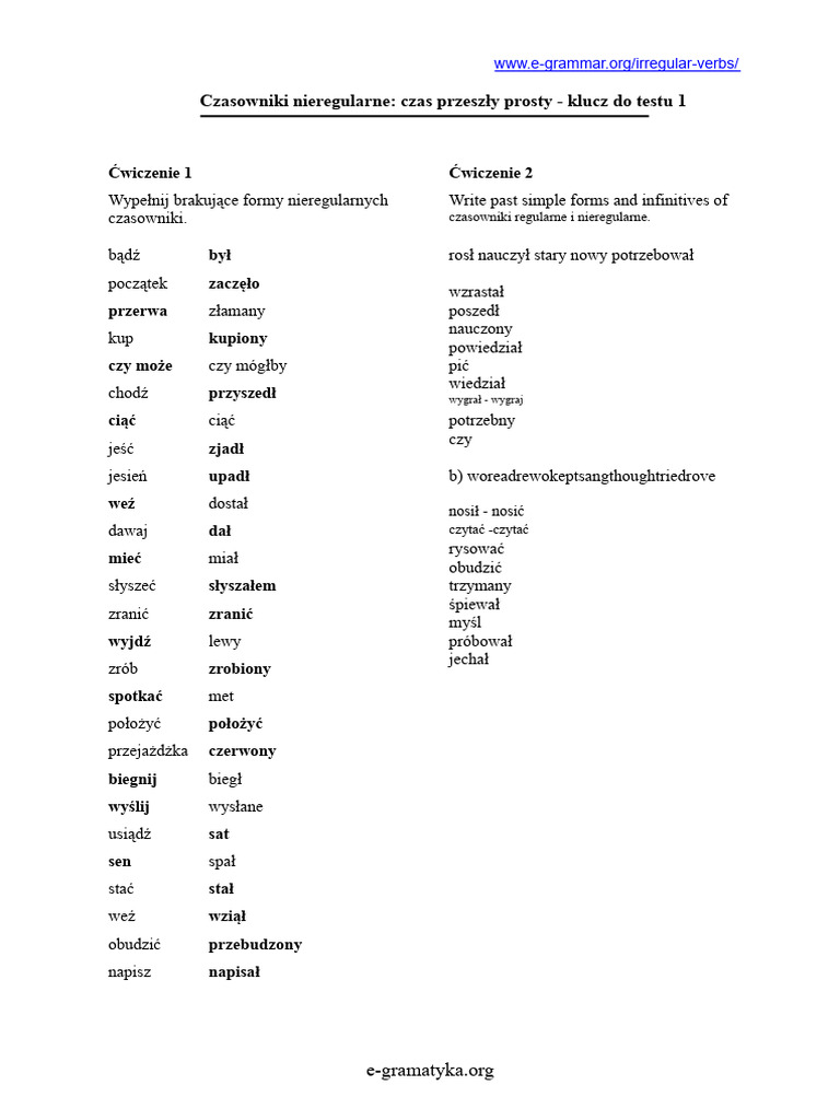 Irregular Verbs Key Test 1 PDF | PDF