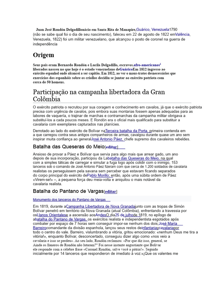 Coronel Juan José Rondón: Herói da Independência | PDF | Venezuela ...