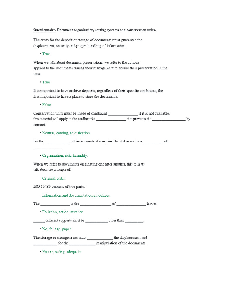 Questionnaire. Document ordering, ordering systems, and conservation units. | PDF