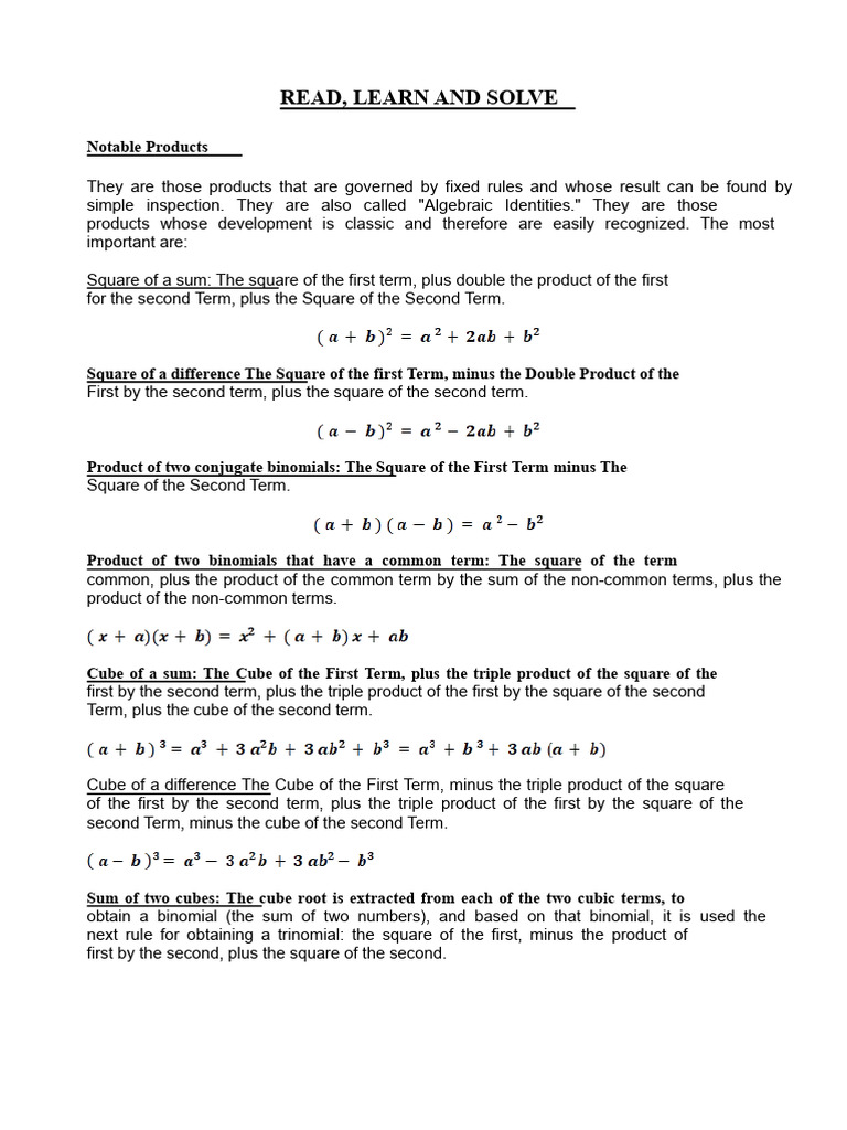 Exercises On Notable Products and Factorization PDF | PDF | Factorization | Mathematical Objects