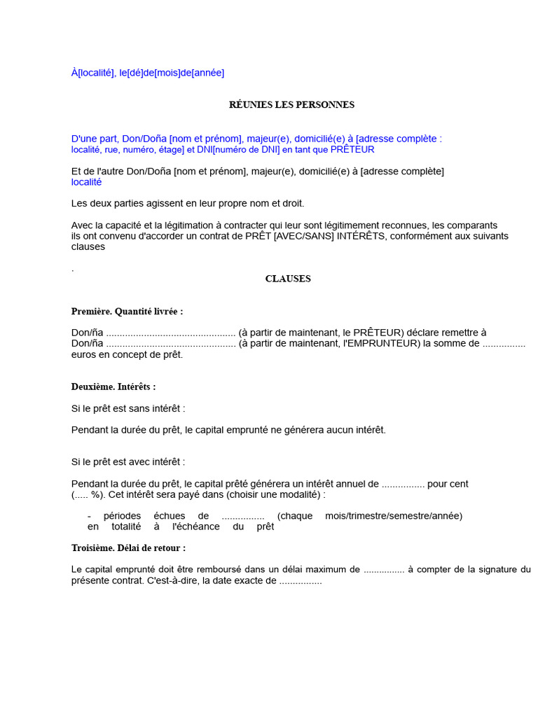 Modèle de contrat de prêt entre particuliers | PDF | Prêts | Centre d ...